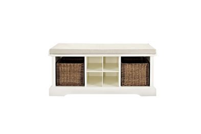 Brennan Storage Bench White/Tan - Bench, 2 Wicker Basekets