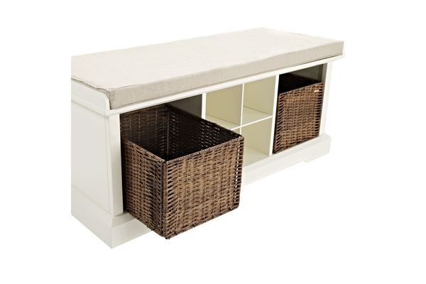 Brennan Storage Bench White/Tan - Bench, 2 Wicker Basekets