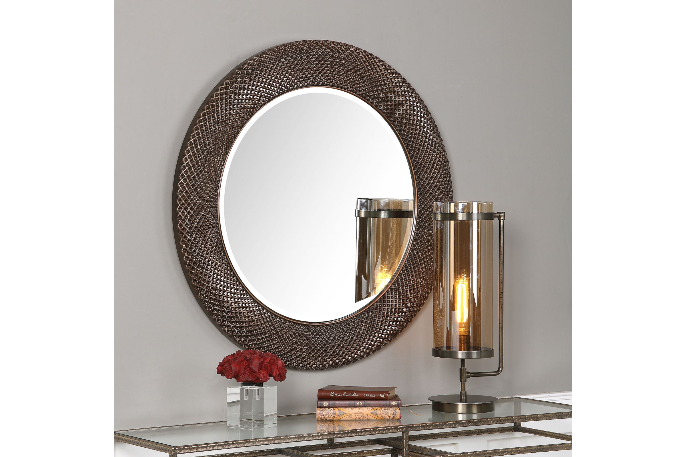 Aziza Bronze Round Mirror at Gardner-White