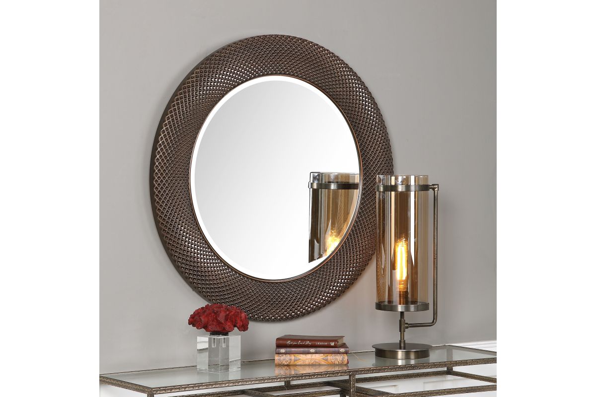 Aziza Bronze Round Mirror at Gardner-White
