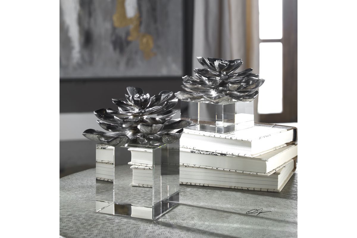 Indian Lotus Metallic Silver Flowers Set of 2 at Gardner-White