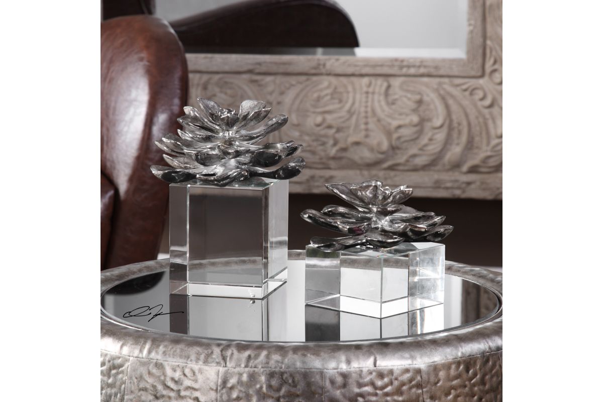 Indian Lotus Metallic Silver Flowers Set of 2 at Gardner-White