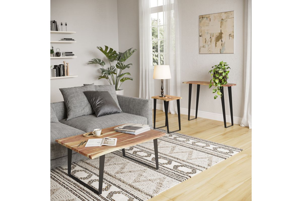 Solid Acacia Live Edge Cocktail Table with Iron Sled Base