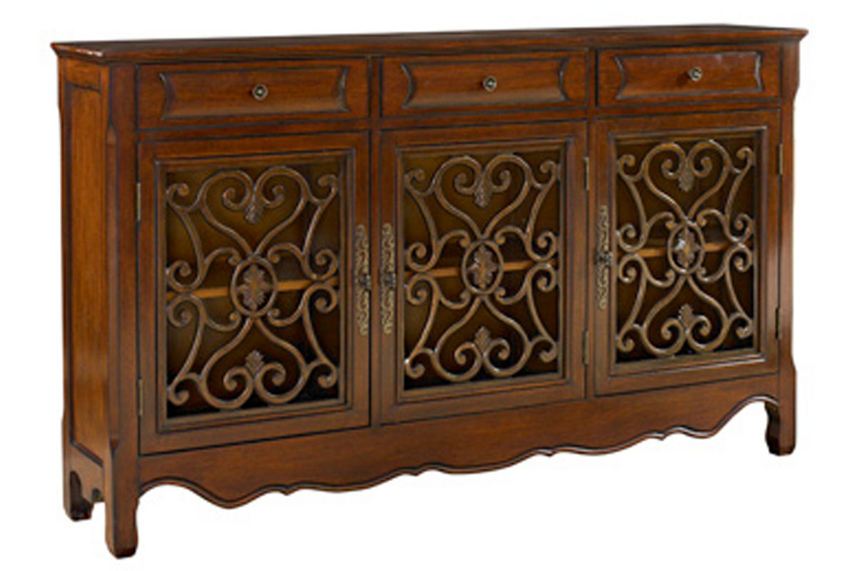 "Walnut" 3-Door Scroll Console at Gardner-White
