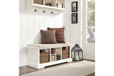 Brennan Storage Bench White/Tan - Bench, 2 Wicker Basekets