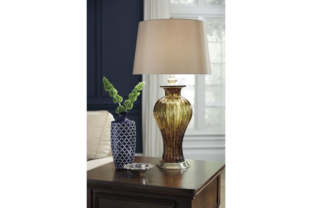 Ardal Glass Table Lamp in Amber by Ashley at Gardner-White