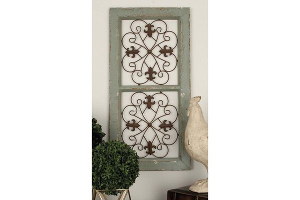 French Inspired Window Panel Wall Decor in Distressed Green