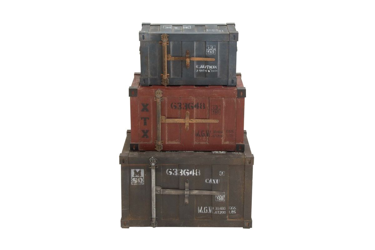 Vintage Industrial Railroad Trunks (Set of 3) in Distressed Multicolor