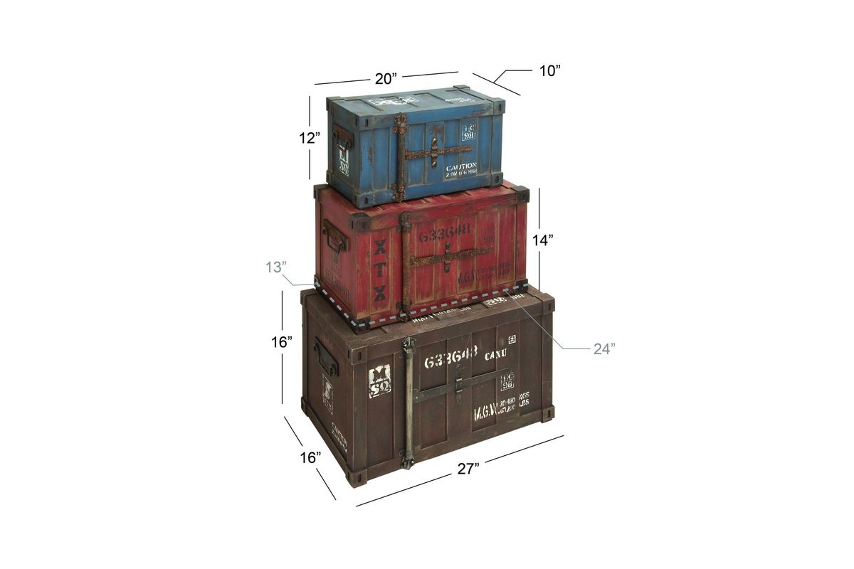 Vintage Industrial Railroad Trunks (Set of 3) in Distressed Multicolor